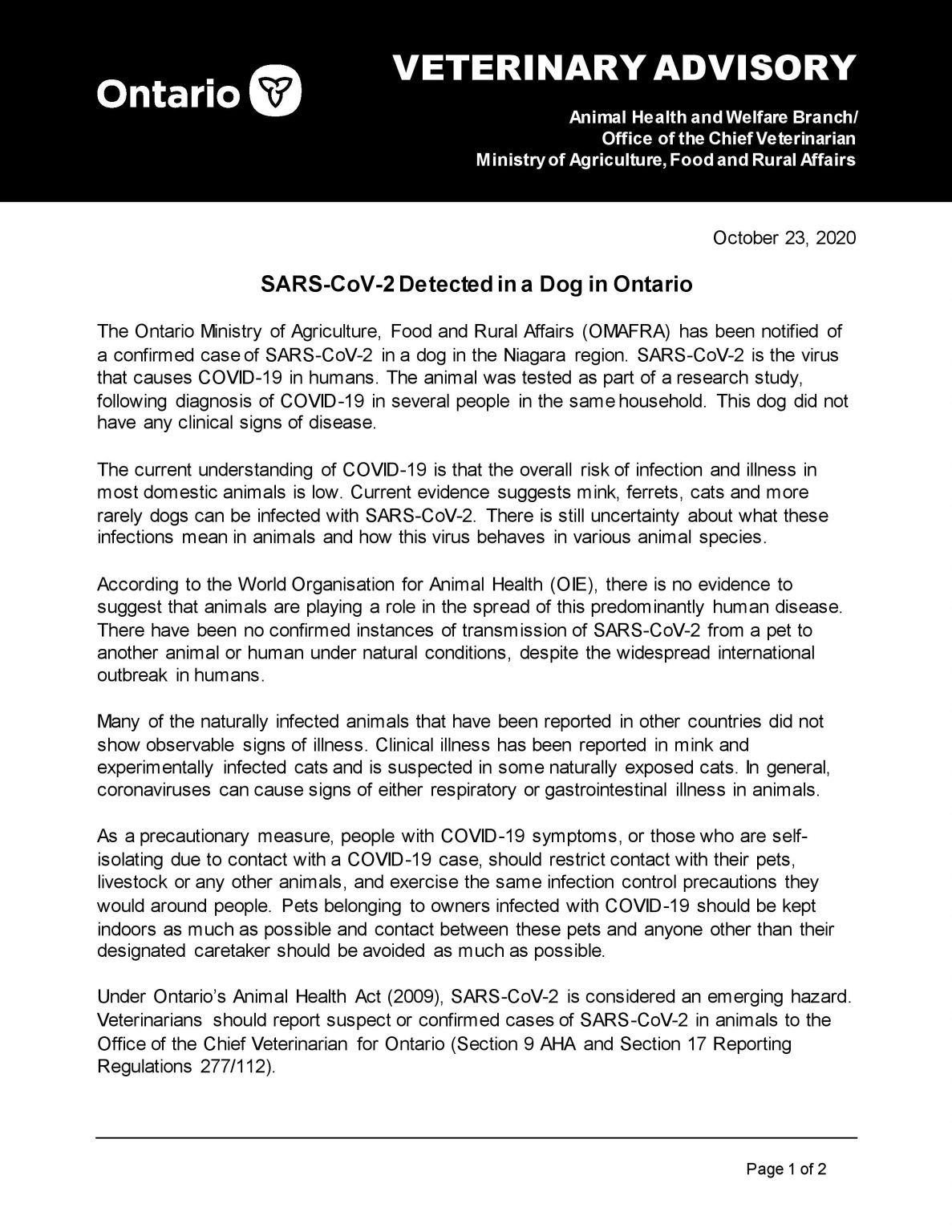 SARS-CoV-2 Detected in a Dog in Ontario - Ontario Animal Health Network