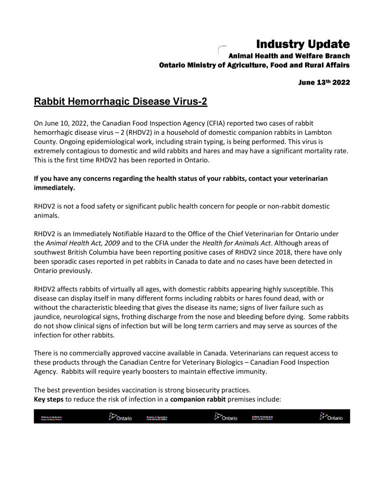 Ontario Industry and Veterinary Advisories for Rabbit Hemorrhagic ...