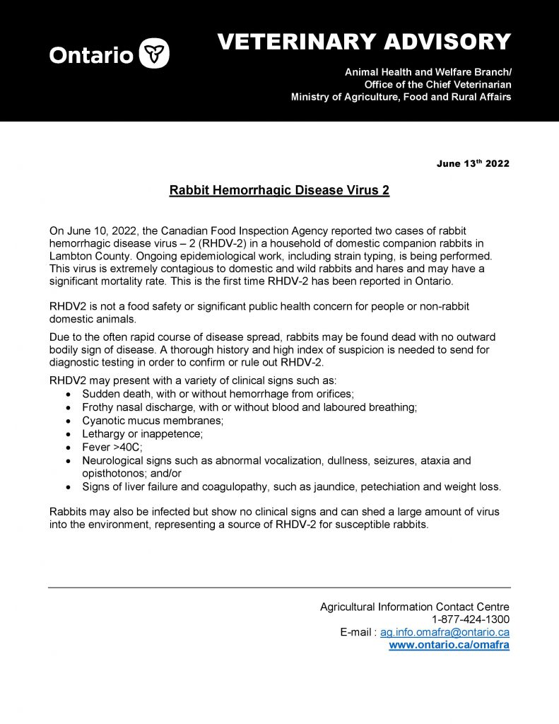 Ontario Industry and Veterinary Advisories for Rabbit Hemorrhagic ...