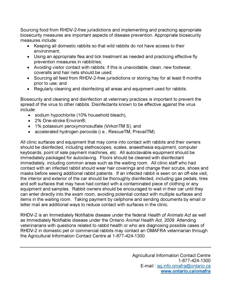 Ontario Industry and Veterinary Advisories for Rabbit Hemorrhagic ...
