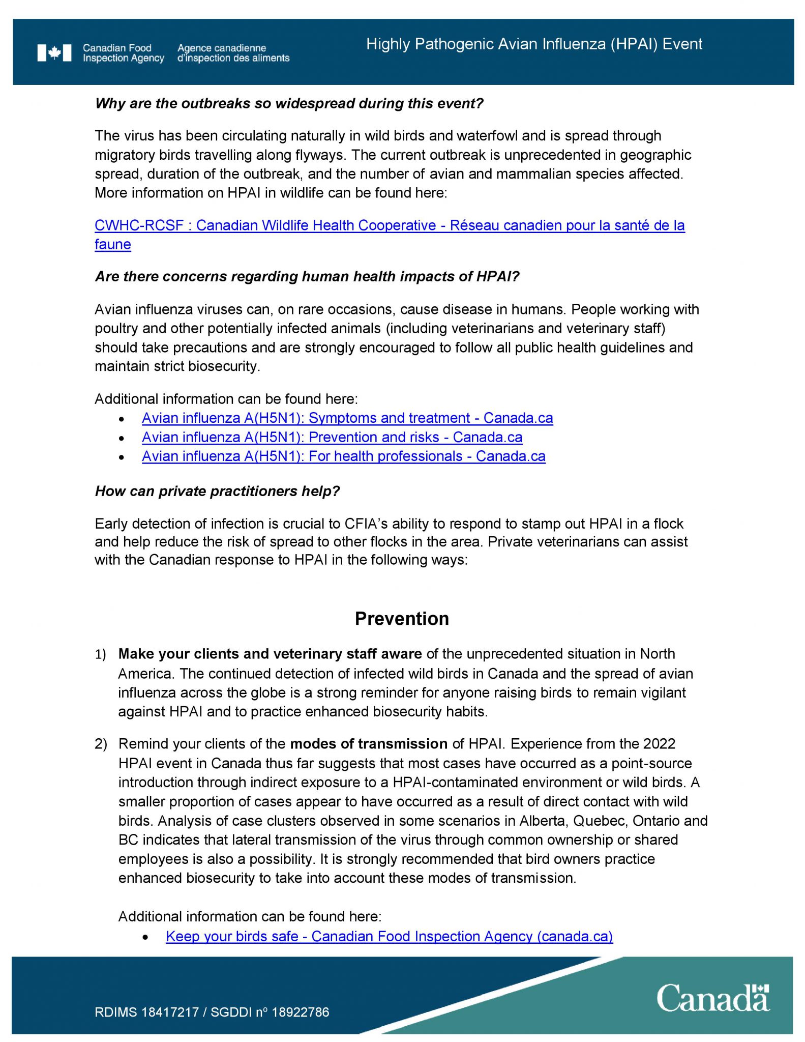 Highly Pathogenic Avian Influenza (HPAI) Event: Information for private ...